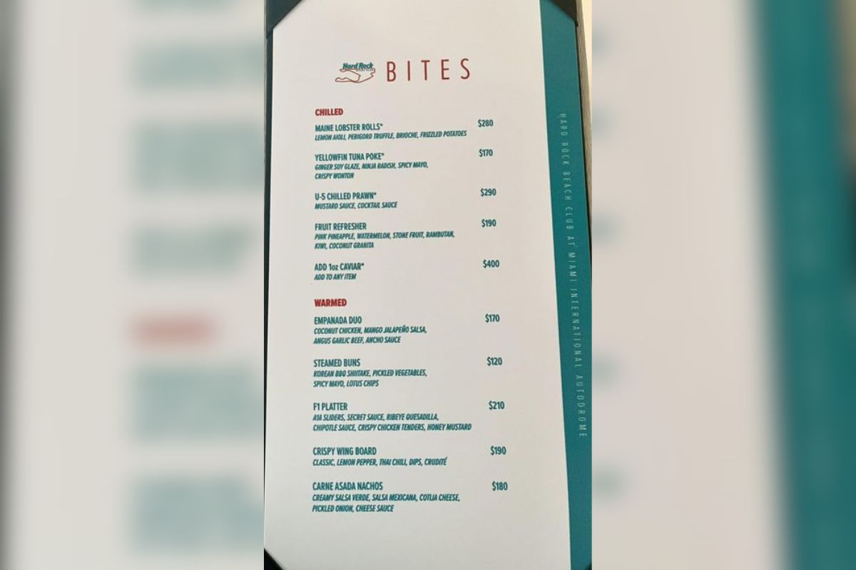 Drink por U$170? Preços no menu do GP de Miami assustam a web | Metrópoles